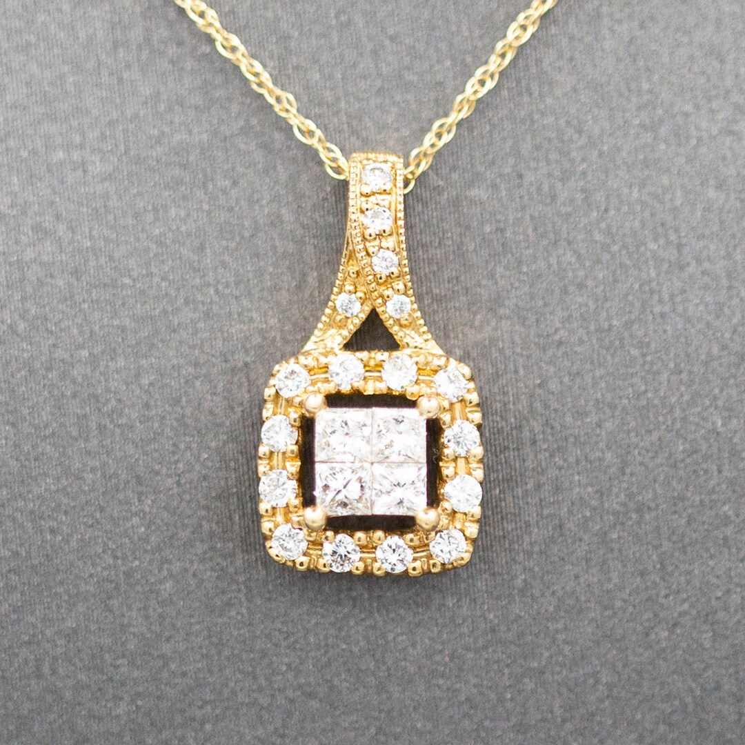 Illusion Set Princess Cut Diamond Pendant Necklace in 10k Yellow Gold ...
