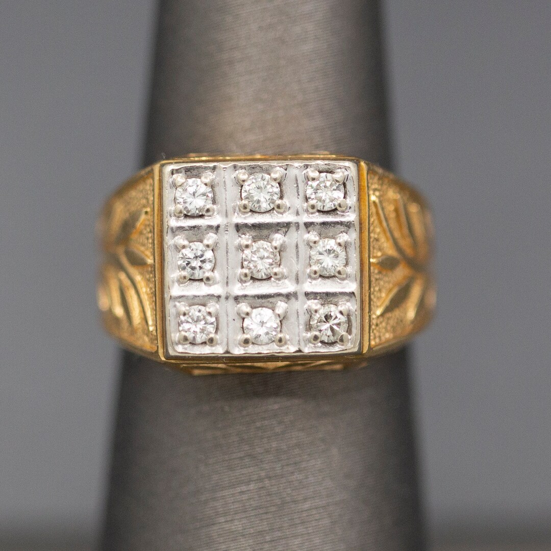 Vintage Diamond Nine Stone Signet Style Pinky Pinkie Ring in 14k Yellow ...