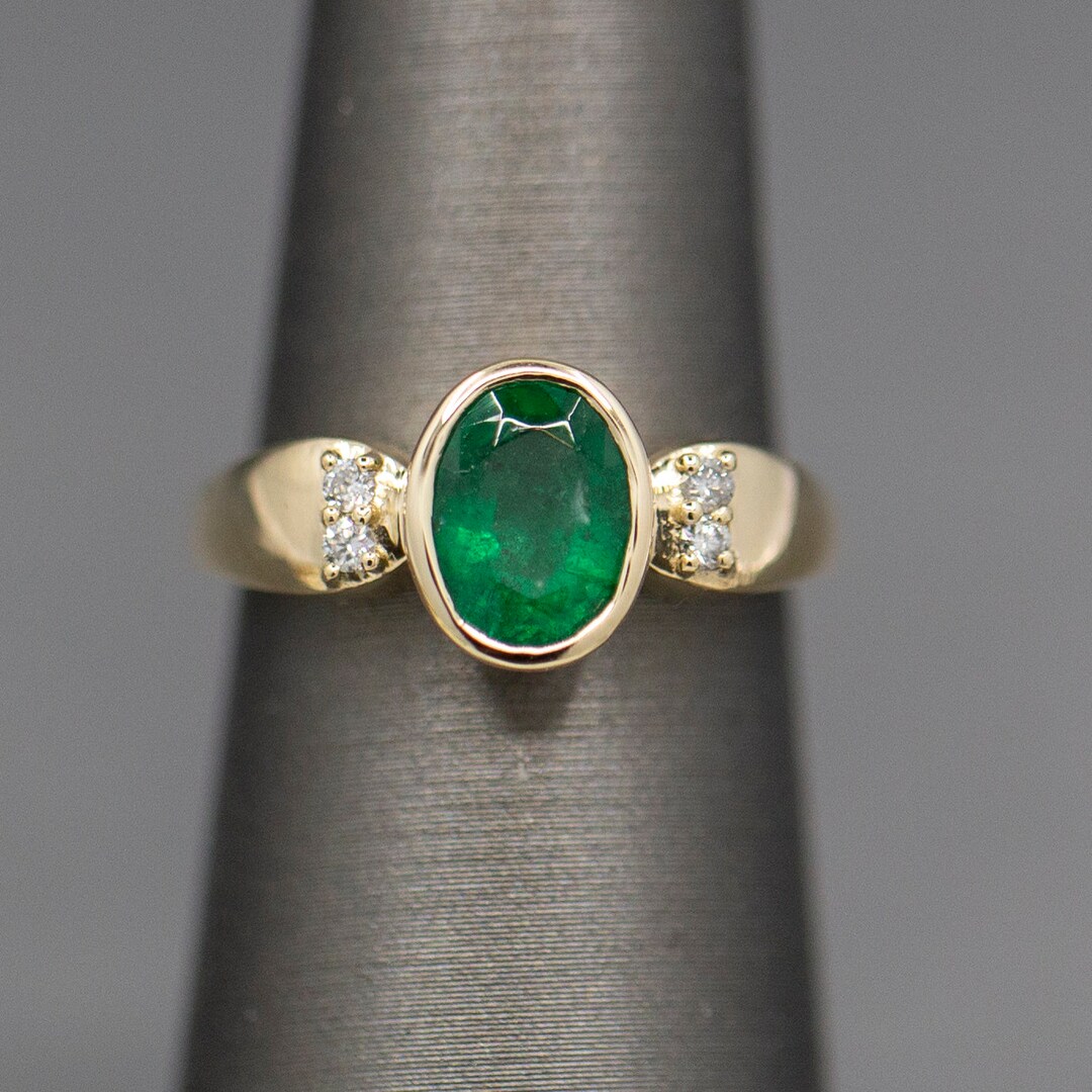 Striking Bezel Set Diamond Accent Emerald Ring in 14k Yellow Gold - Etsy