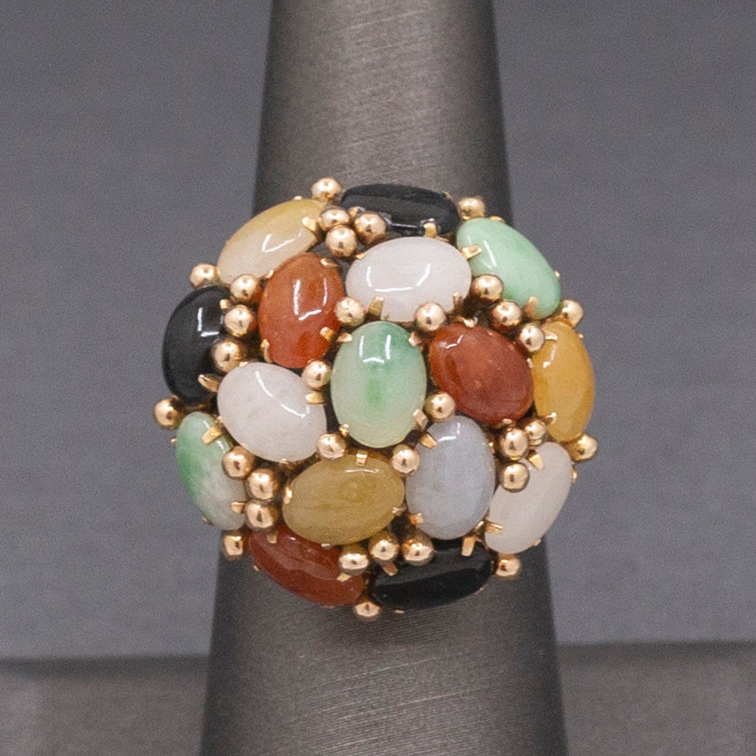 Multi Color Jade Jadeite Rainbow Domed Cocktail Ring in 14k Yellow Gold ...