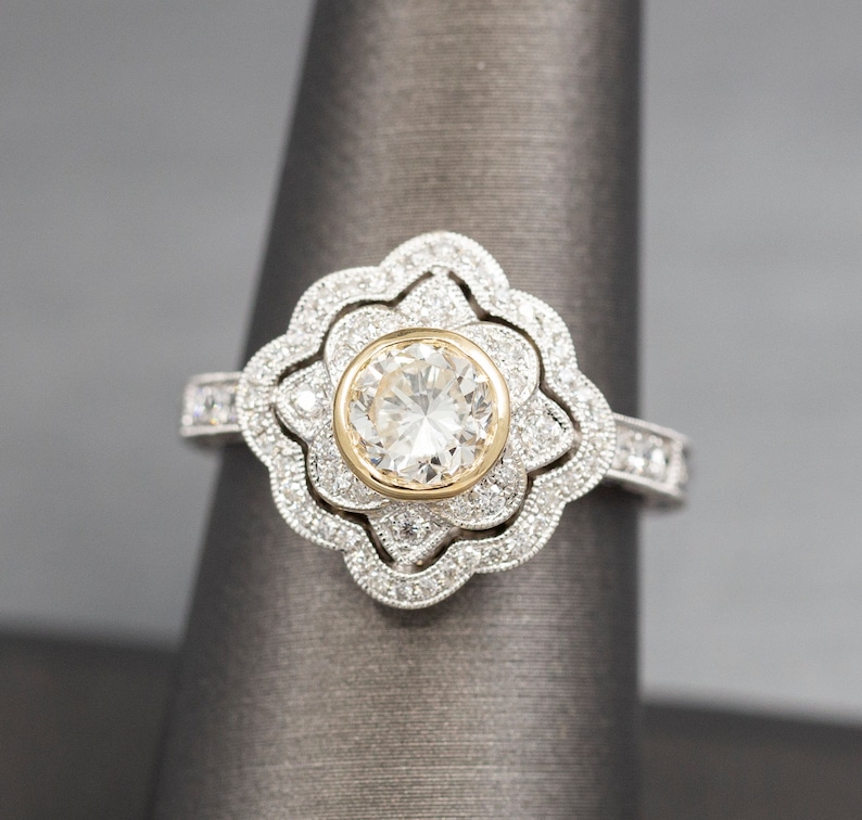 Vintage Style Bezel Set Diamond Engagement Ring With Engraved - Etsy