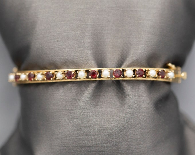 Romantic Red Garnet and Seed Pearl Bangle Bracelet in 14k Yellow Gold ...