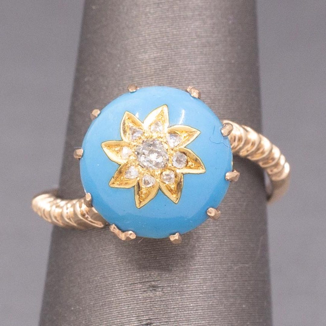 Victorian Rose Cut Diamond Turquoise Enamel Cocktail Ring in 14k Rosy ...