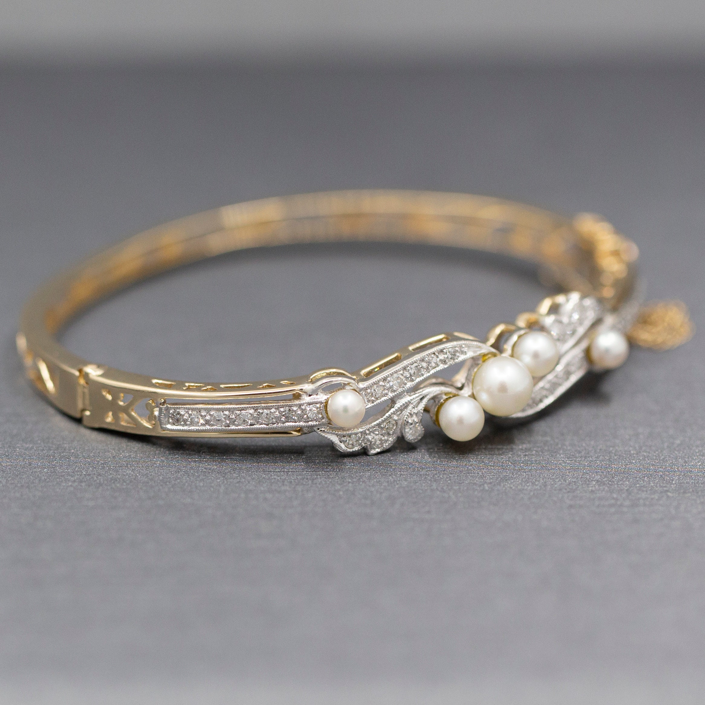 Exquisite Art Deco Cultured Pearl and Diamond Bangle Bracelet in 14k ...