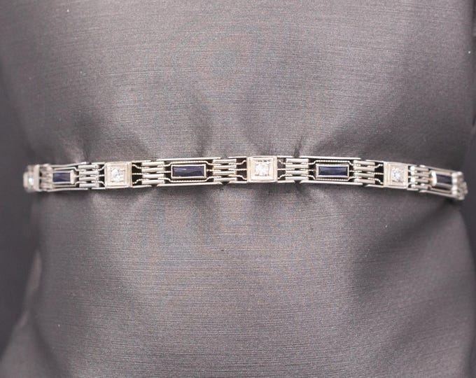 Sleek Late Art Deco Blue Sapphire and Diamond Chain Link Bracelet in ...