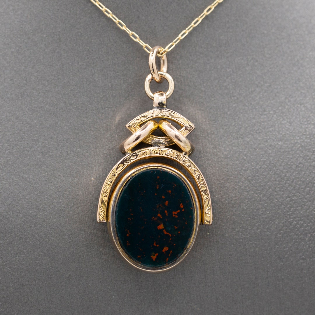Antique Victorian Spinning Oval Bloodstone and Onyx Fob Pendant in 10k ...