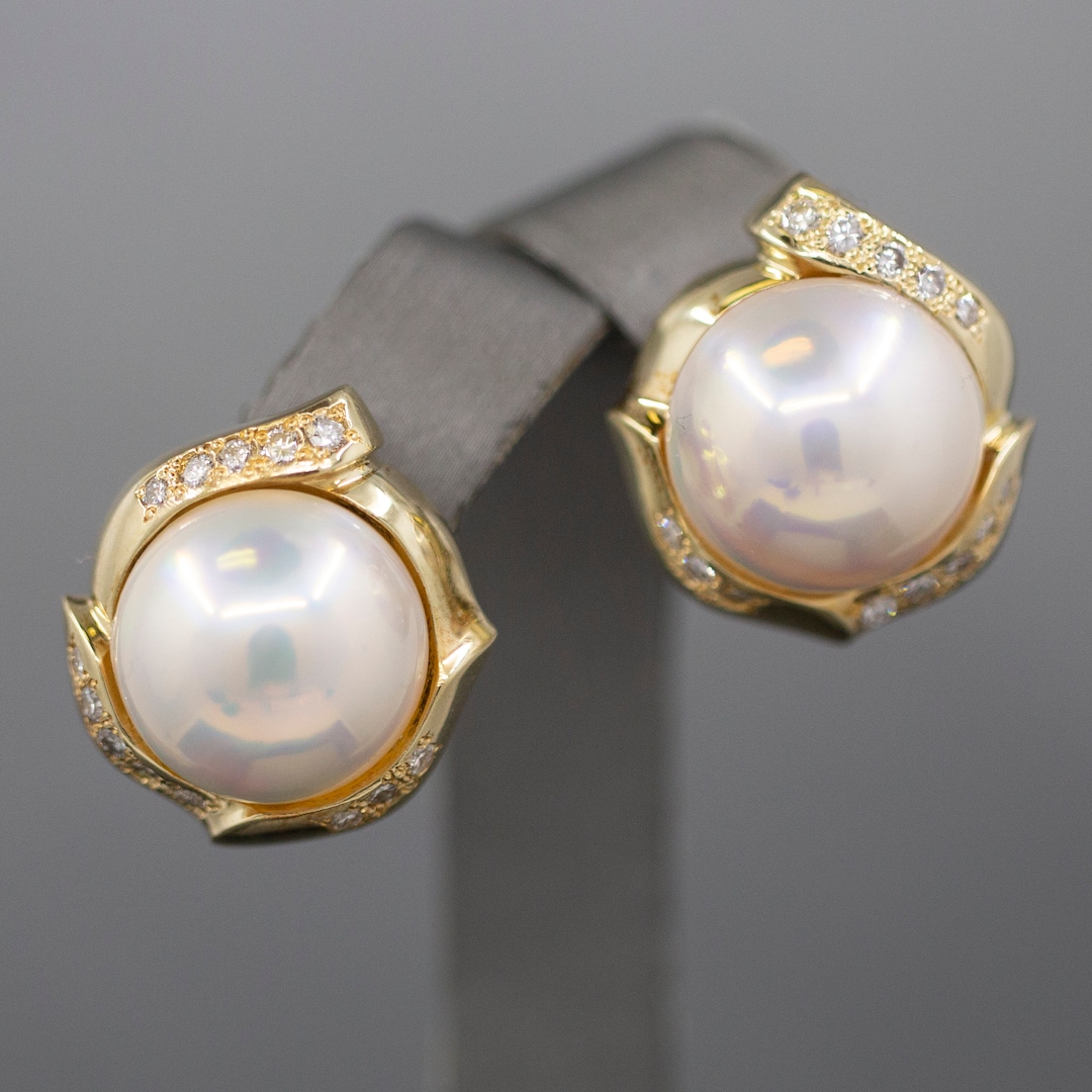 Lustrous Mabe' Pearl and Diamond Omega Back Earrings in 14k Yellow Gold ...