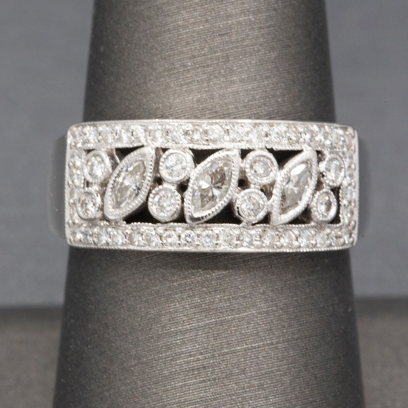 Bezel Set Round and Marquise Diamond Band Ring in 18k White Gold - Etsy
