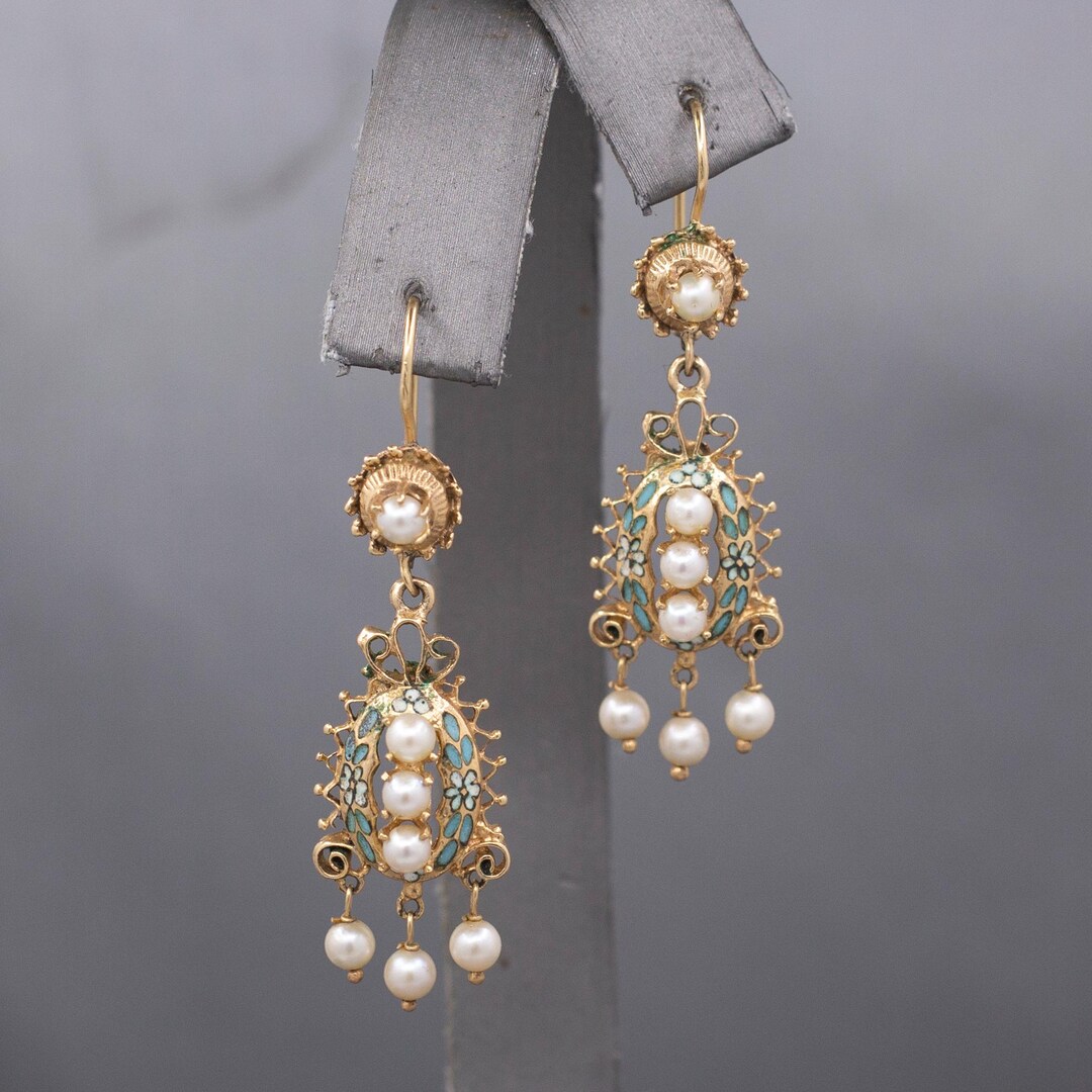 Victorian Revival Turquoise Enamel Flower and Pearl Dangle Earrings in ...