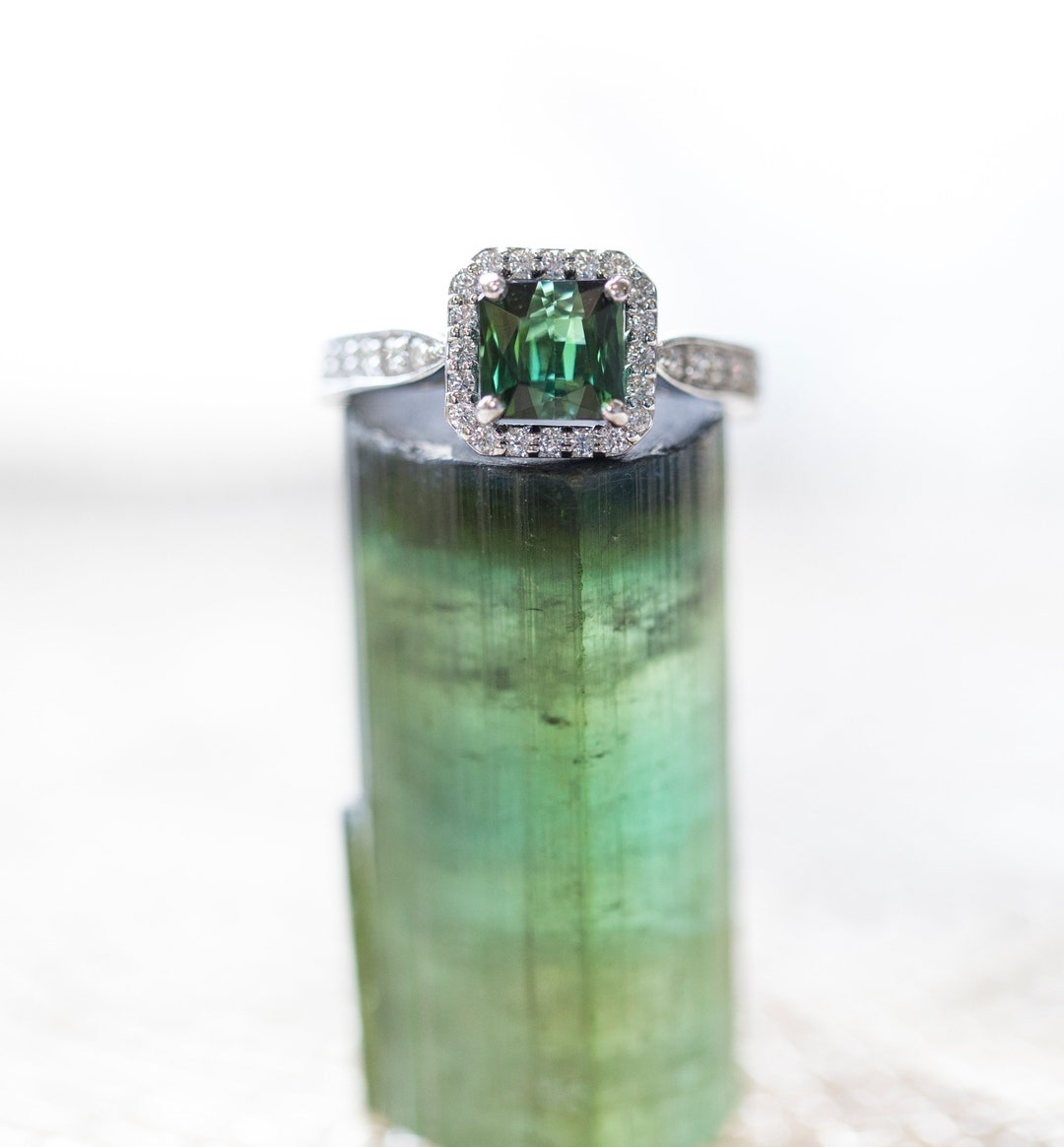 Brazilian Green Tourmaline and Diamond Halo Ring, 14k, Unique ...