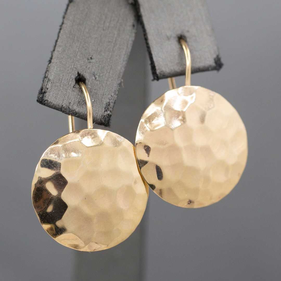 Hammered Gold Disc Drop Earrings in 14k Yellow Gold - Etsy