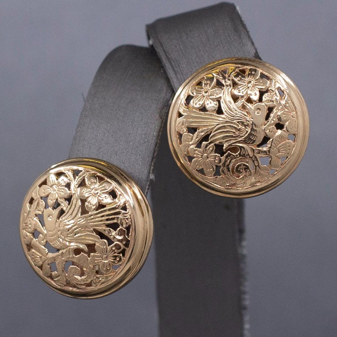 Beautiful Bird and Flower Floral Engraved Omega Back Earrings in 14k ...