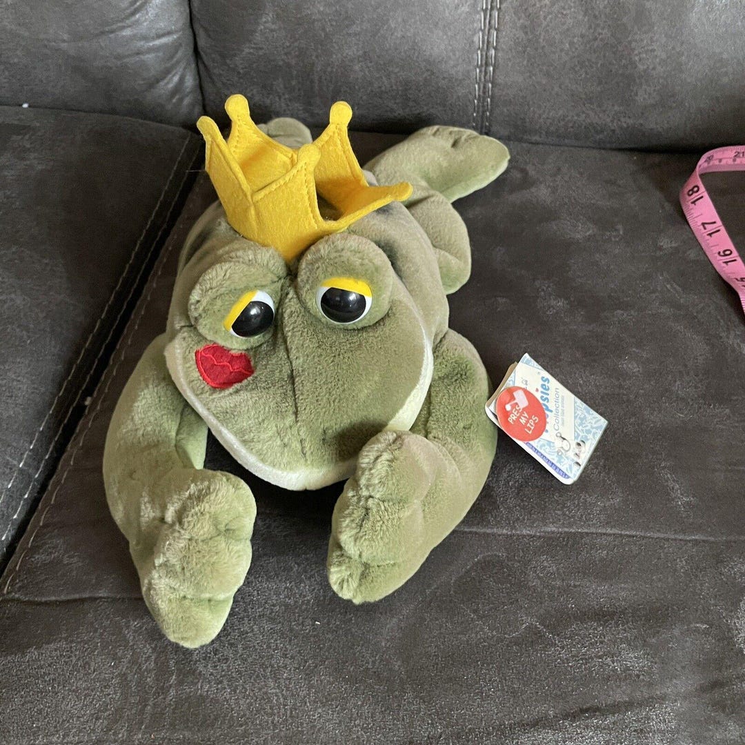 Aurora Green Kissing Animated Frog Prince Plush Gold Crown Stuffed ...