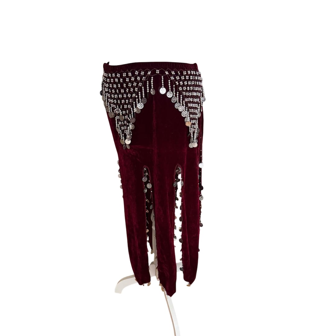 Velvet Belly Dance Hip Scarf With Coin Beads Burgundy Silver Accents ...