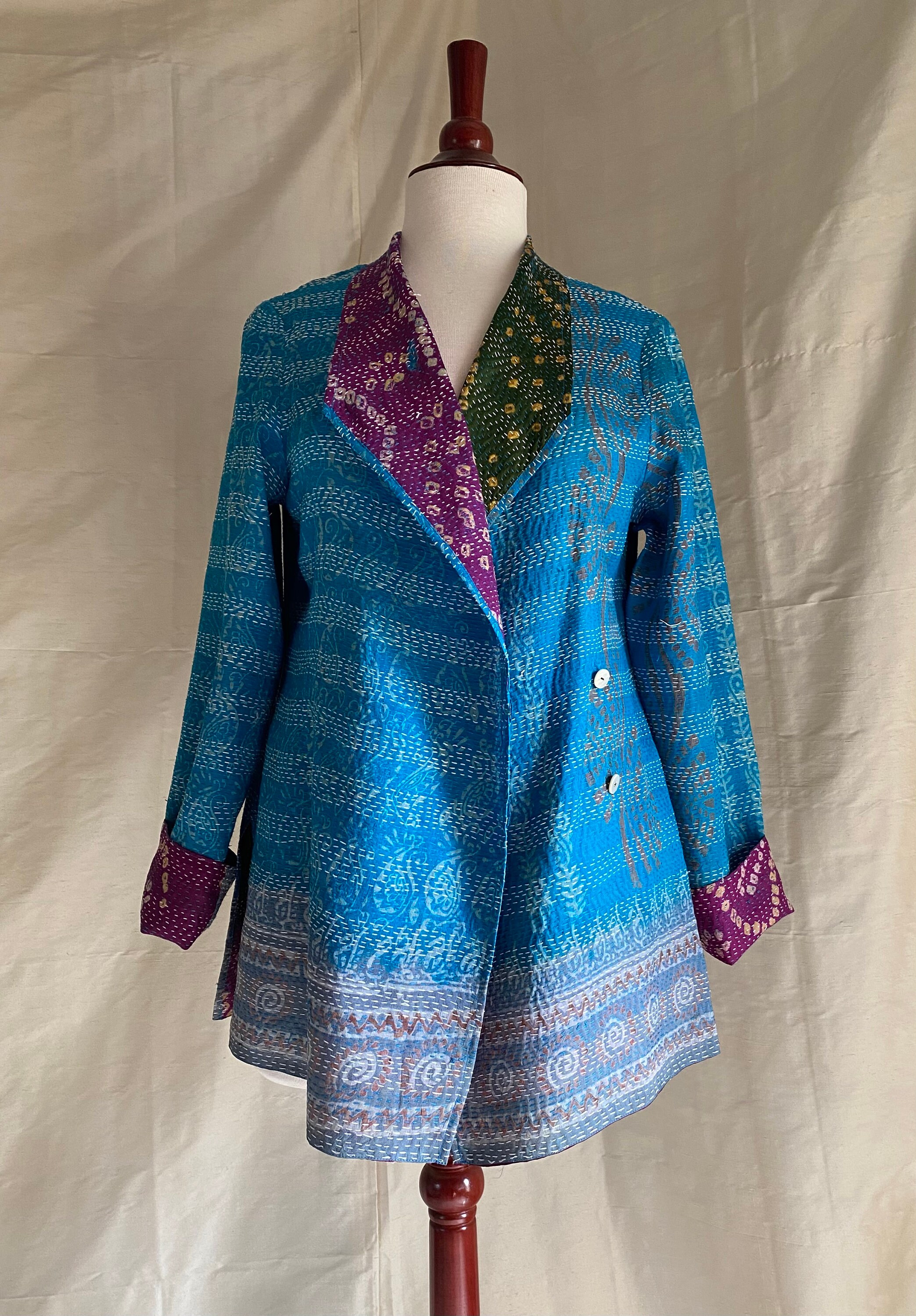 Silk Kantha Stitched Jacket S/M Reversible Repurposed Silk Sari Textile ...
