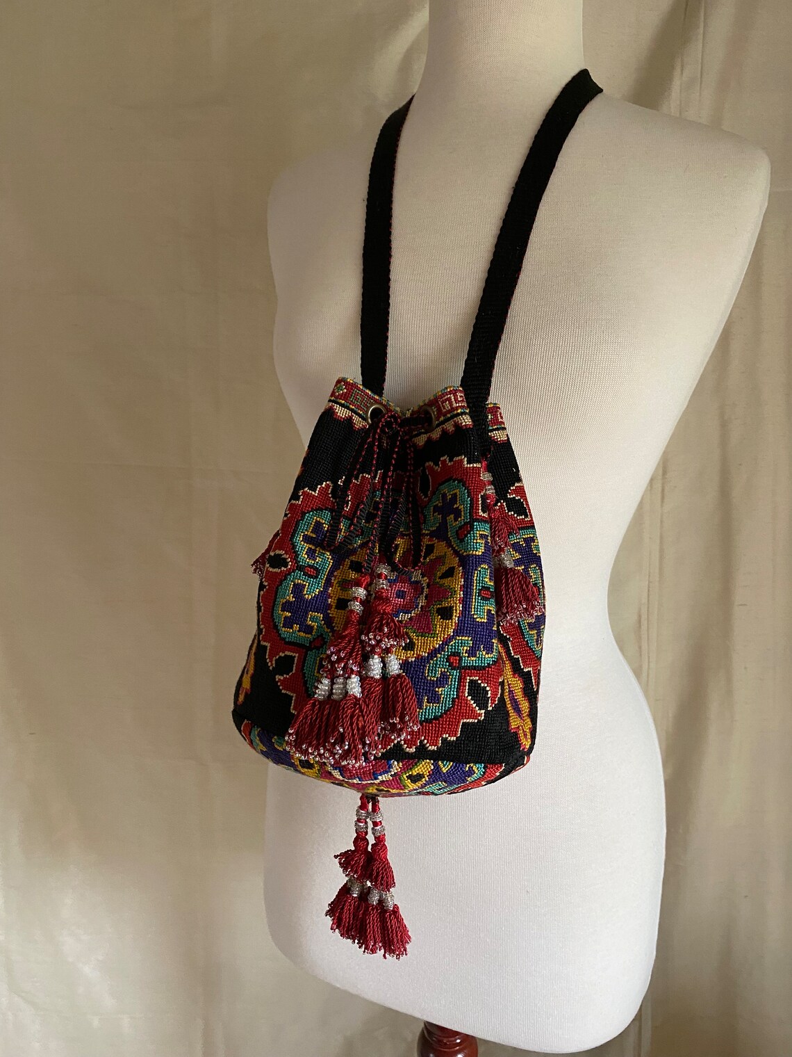 Black/red Drawstring Bucket Bag Embroidered Large Handbag Silk Petit ...