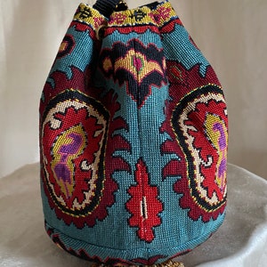 Jade/red Large Drawstring Bucket Bag Embroidered Handbag Silk Petit ...