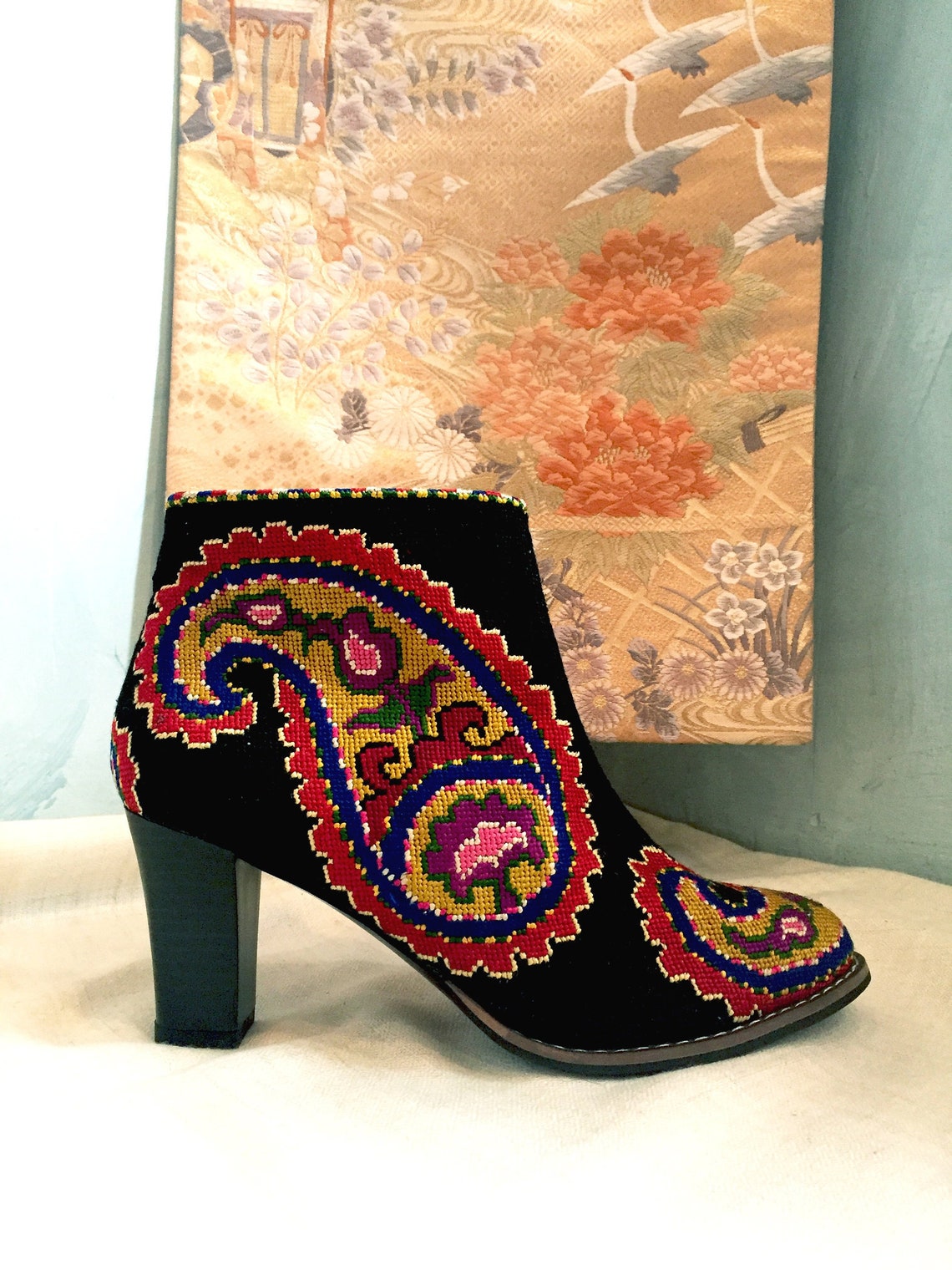Chelsea Embroidered Short Ankle 3” Heel Booties- Size 38 (US 8) Silk ...