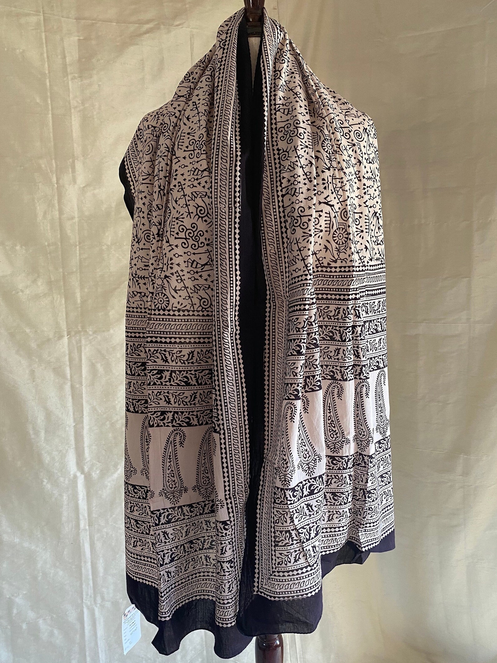 Cotton Scarf Shawl 22x72 Bagh Hand Made Block Print Vegetable Dye Black ...
