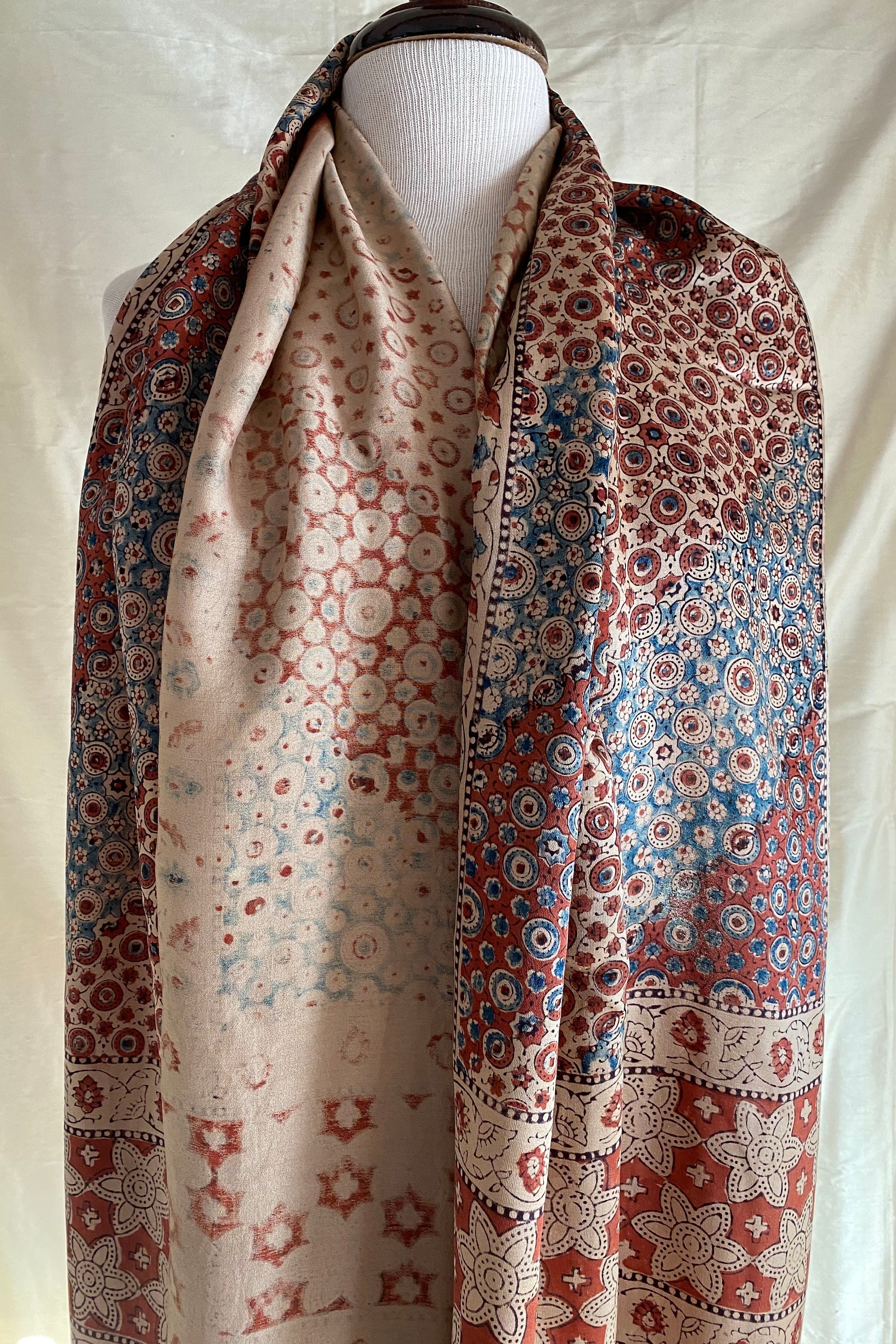 Red/cream/blue Silk Hand Block Ajarakh Print Silk Shawl 22”x76 ...