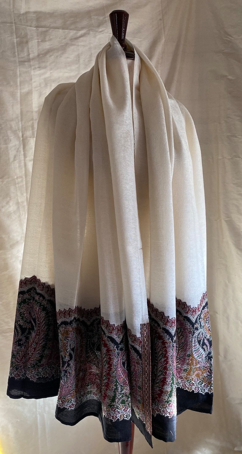 Paisley Wool Shawl 42”x 82” Traditional Kani Handwoven Large Cream ...