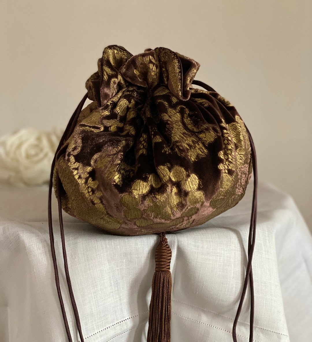 Gold Printed Chocolate Silk Velvet Drawstring Evening Handbag Elegant ...