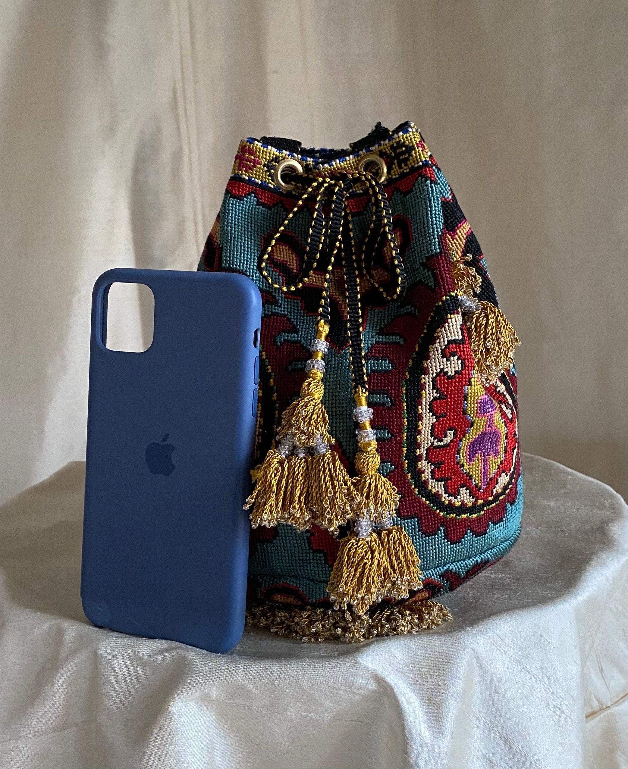 Jade/red Large Drawstring Bucket Bag Embroidered Handbag Silk Petit ...