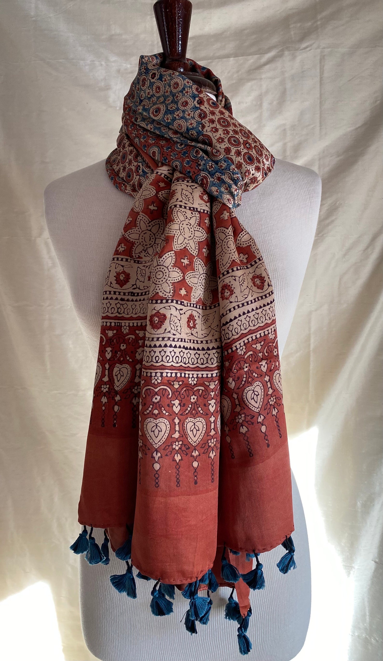 Red/cream/blue Silk Hand Block Ajarakh Print Silk Shawl 22”x76 ...