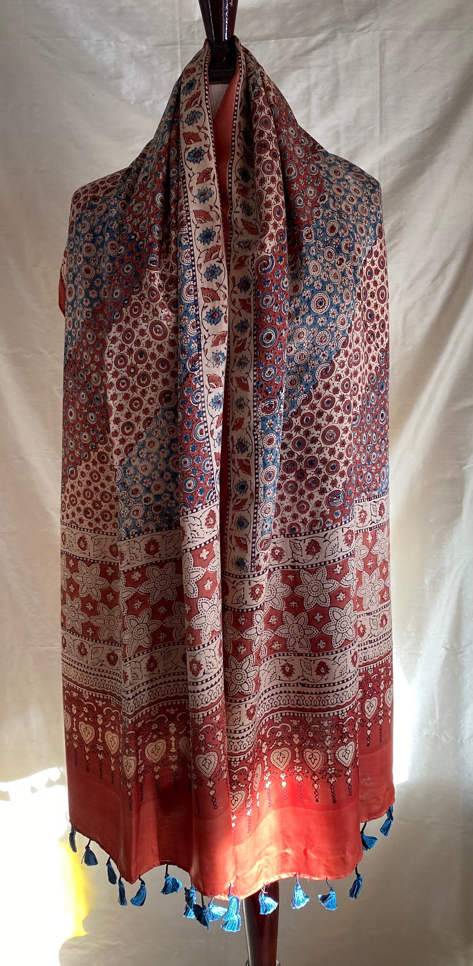Red/cream/blue Silk Hand Block Ajarakh Print Silk Shawl 22”x76 ...