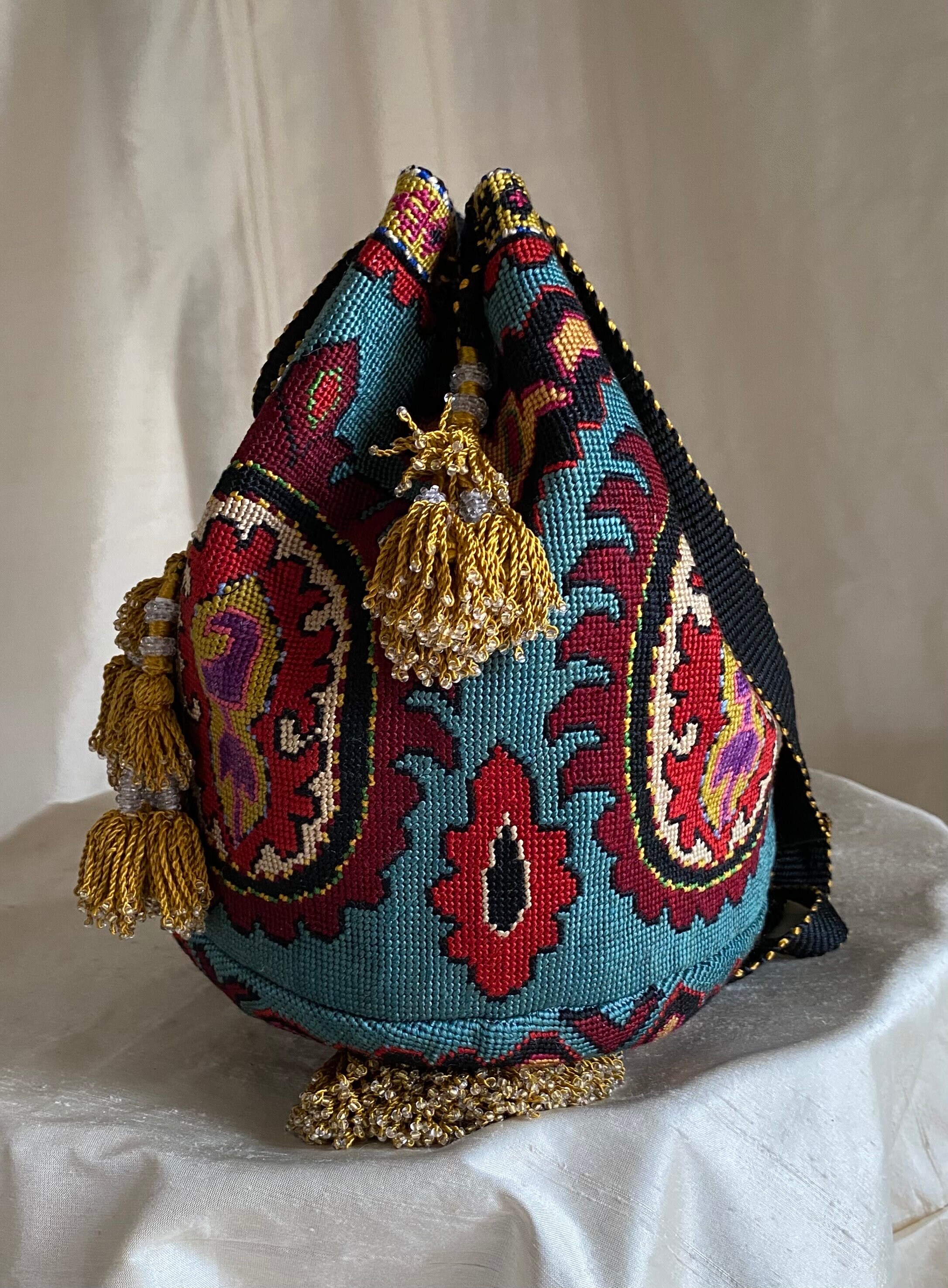 Jade/red Large Drawstring Bucket Bag Embroidered Handbag Silk Petit ...