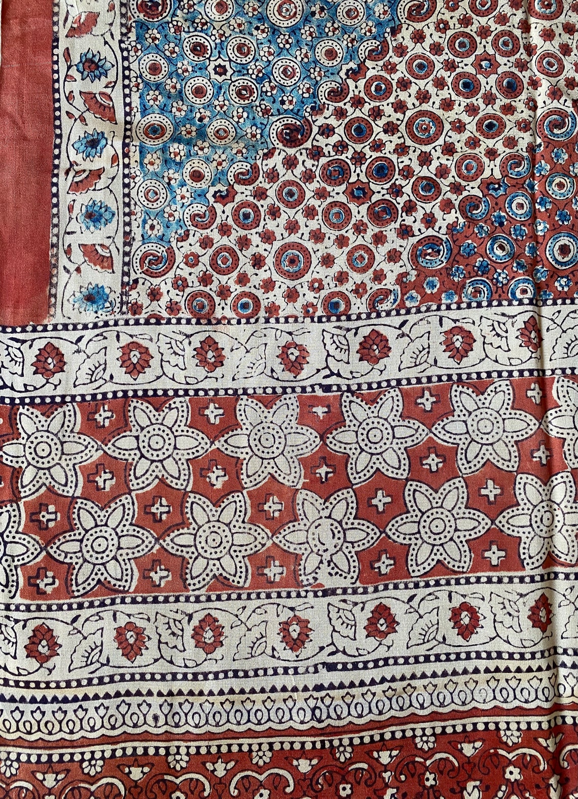 Red/cream/blue Silk Hand Block Ajarakh Print Silk Shawl 22”x76 ...