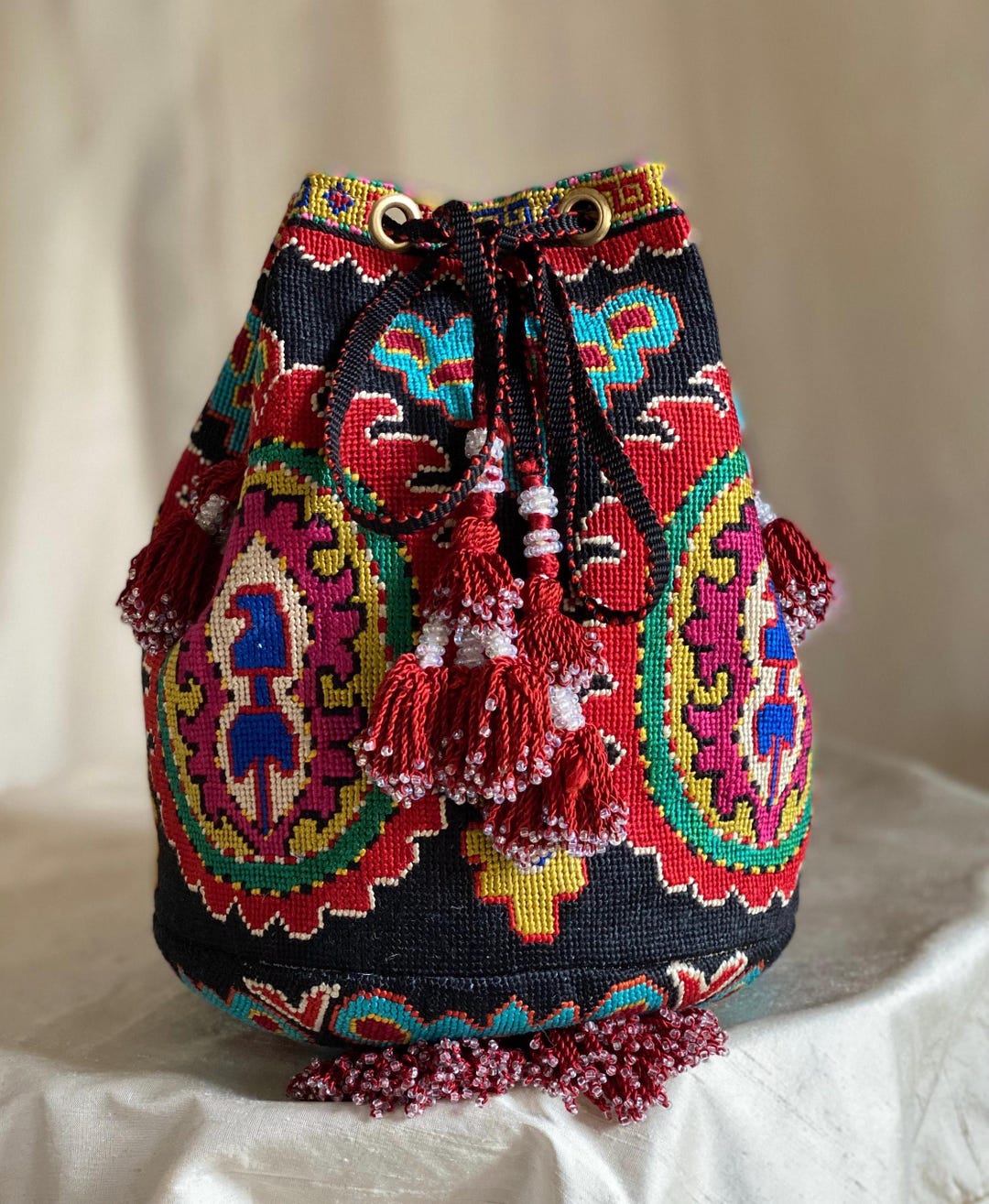 Black/red Large Drawstring Bucket Bag Embroidered Handbag Silk Petit ...