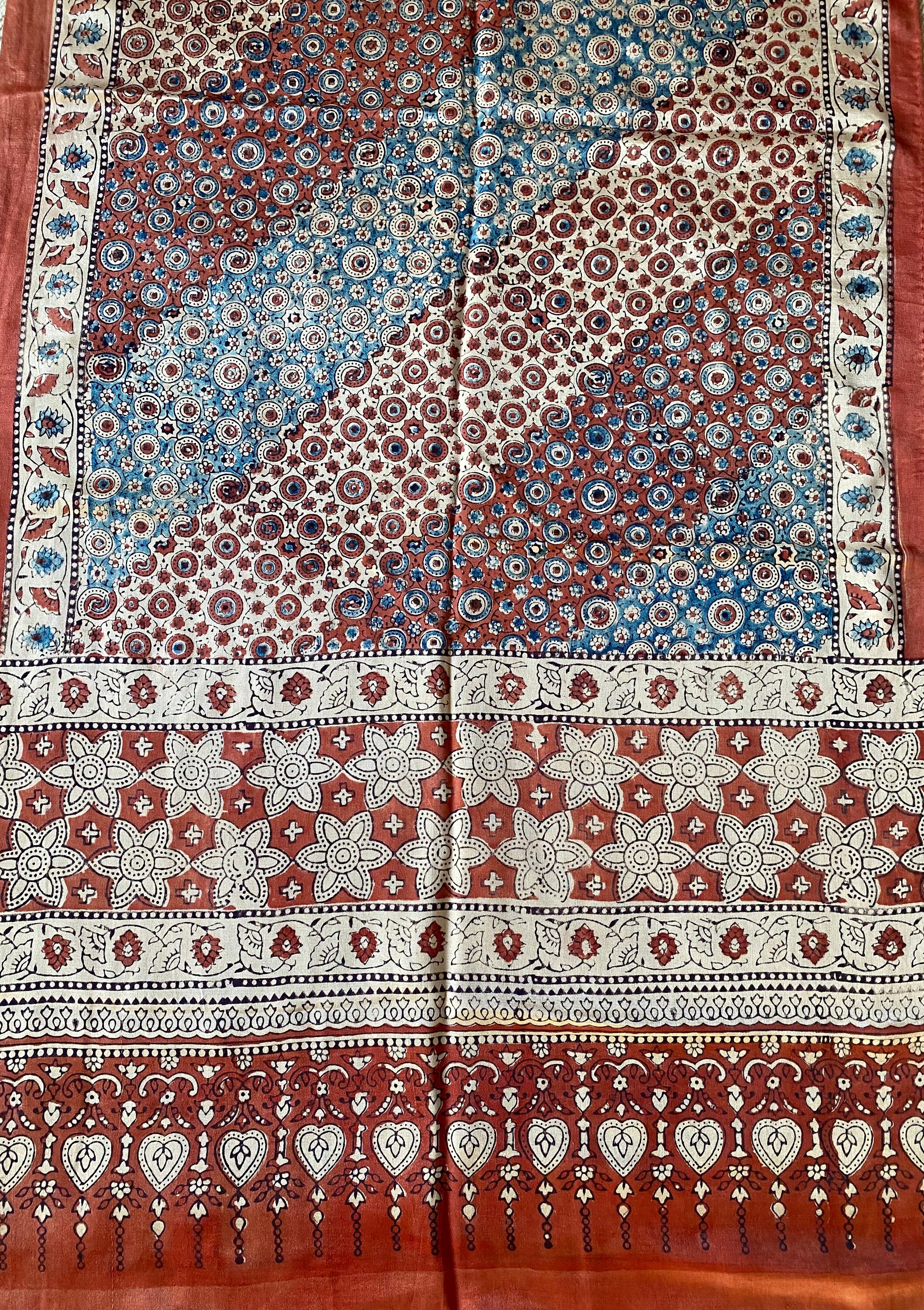 Red/cream/blue Silk Hand Block Ajarakh Print Silk Shawl 22”x76 ...