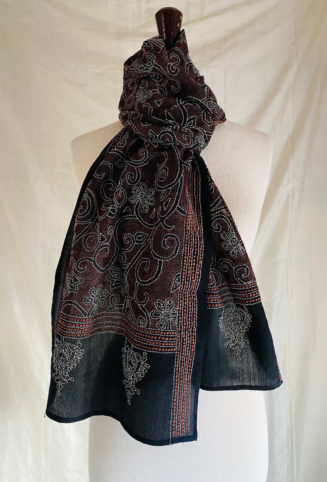 Black/cream/orange Hand Embroidered Silk Shawl 14x 80 - Etsy