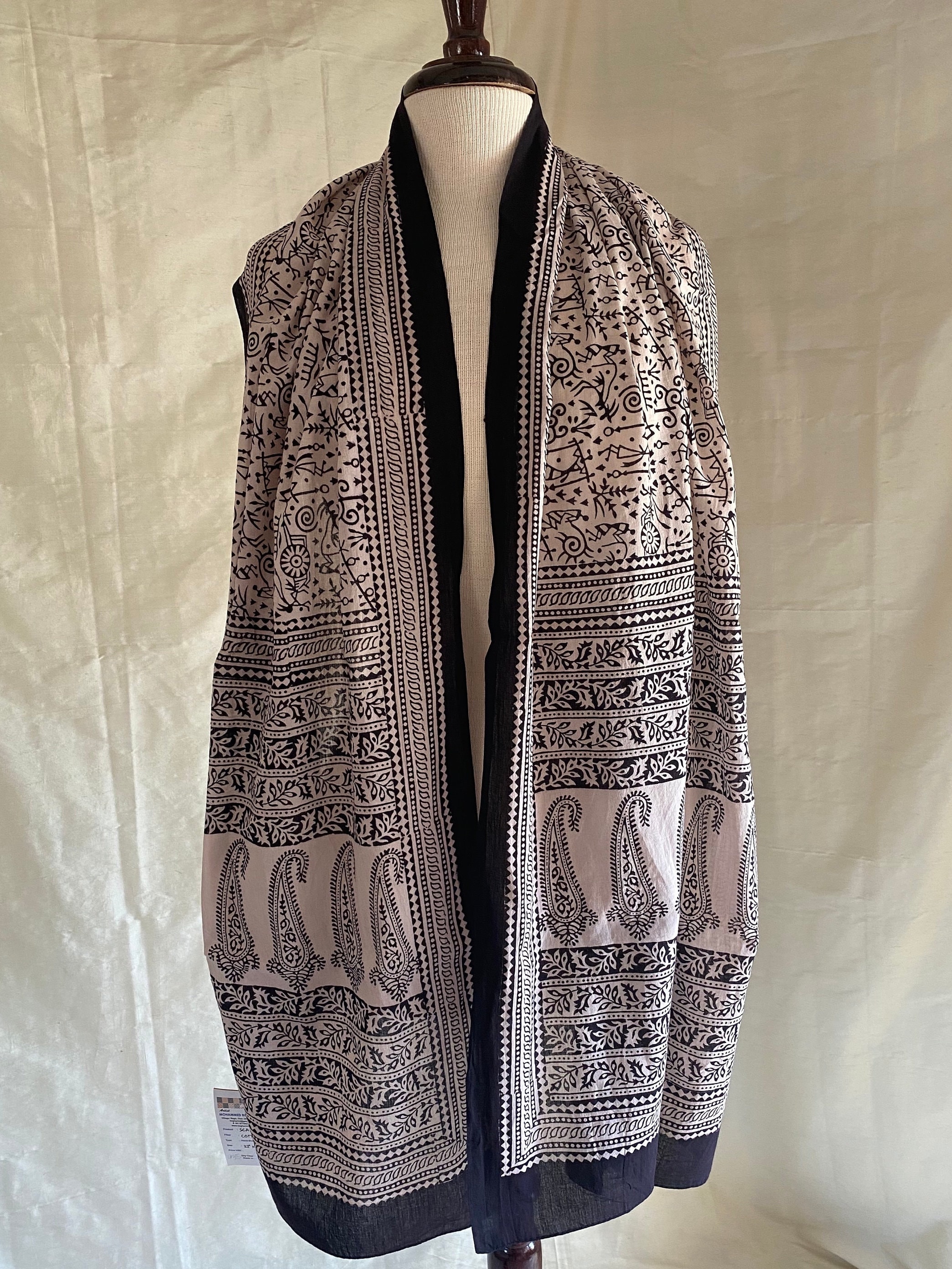 Cotton Scarf Shawl 22x72 Bagh Hand Made Block Print Vegetable Dye Black ...