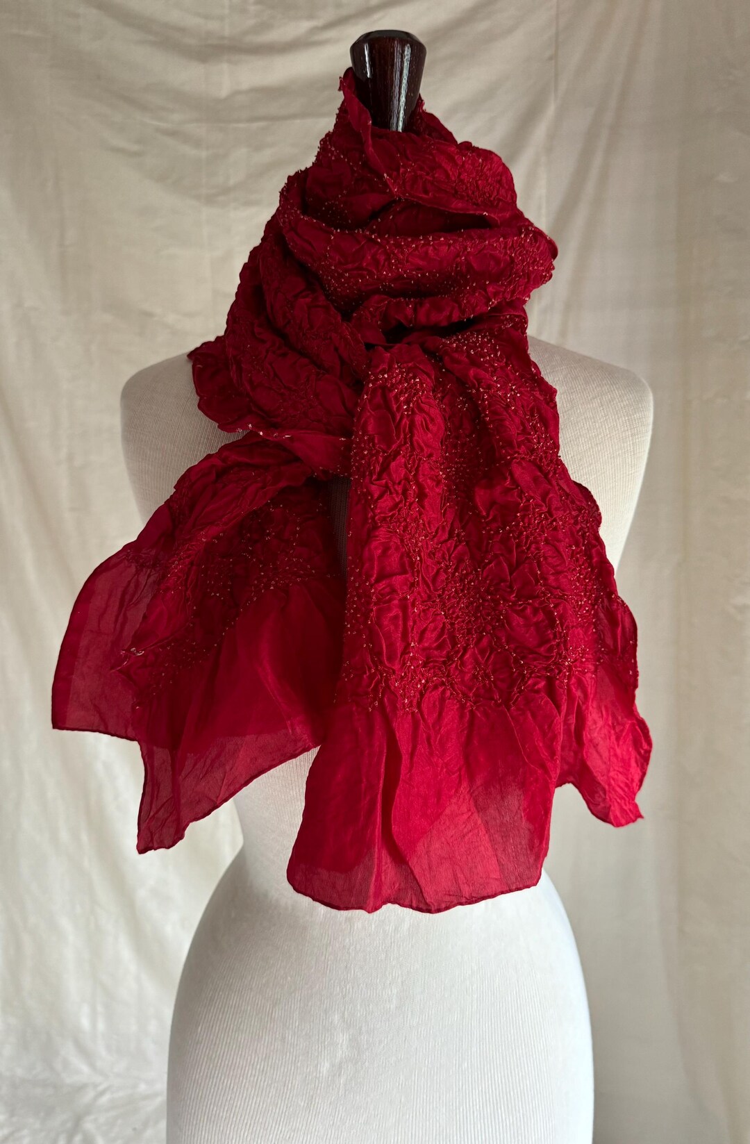 Bandhani Silk Scarf Tie and Dye Red Red Vegetable Dyed Crinkle Textured ...