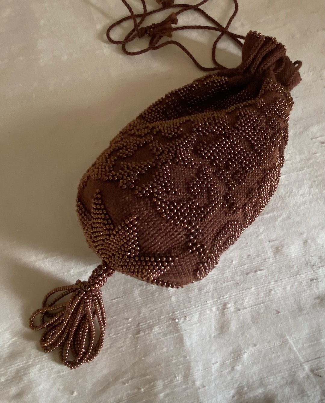 Bronze Copper Evening Bag Beaded and Cotton Reticule Drawstring Small ...