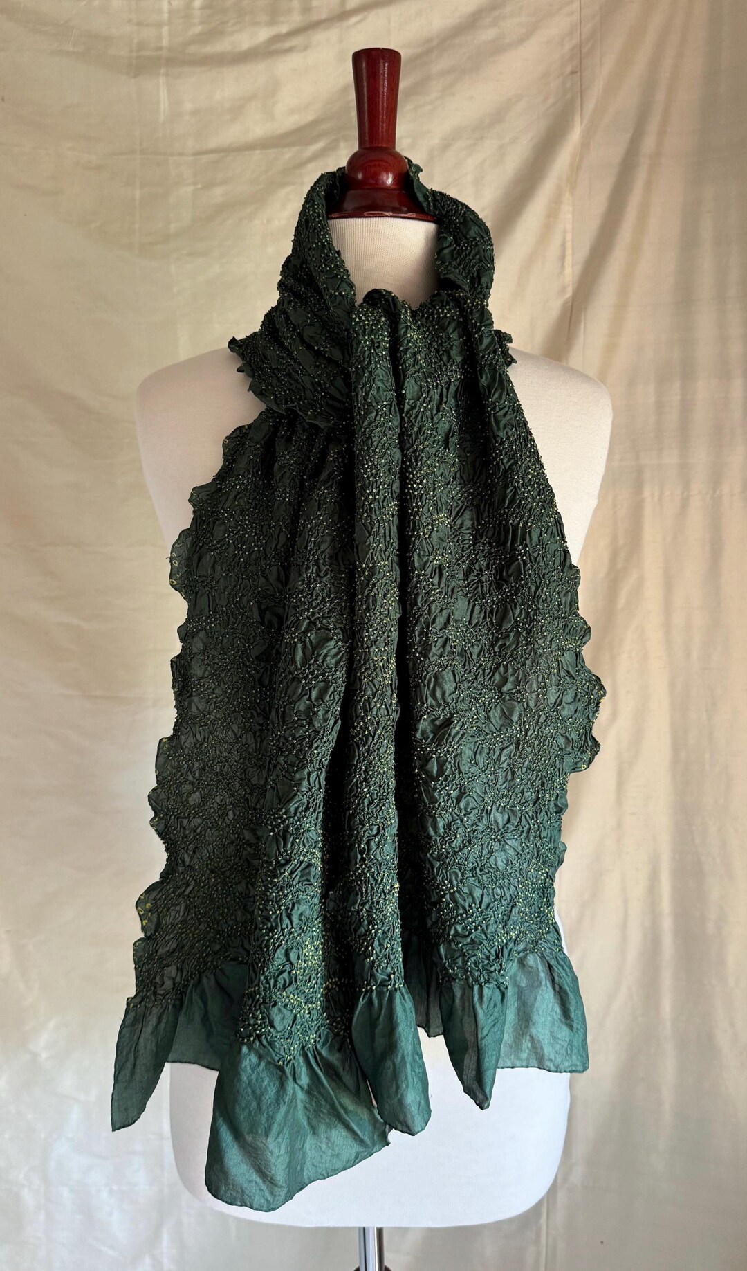 Bandhani Silk Scarf Tie and Dye Dark Green With Gold Dots Vegetable ...