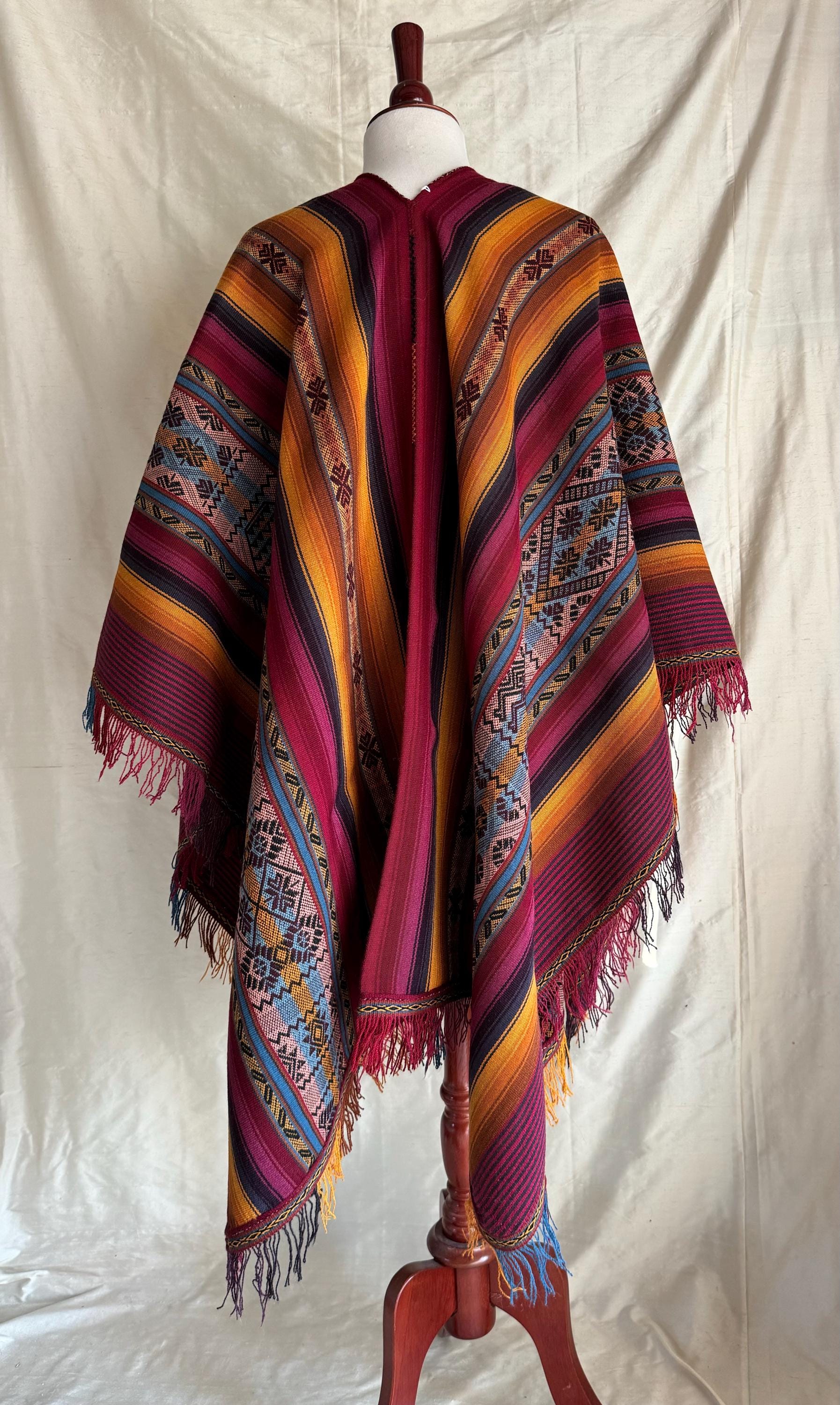 Multicolor Red/gold Ruana Peruvian Handwoven Vegetable Dyed Wool and ...