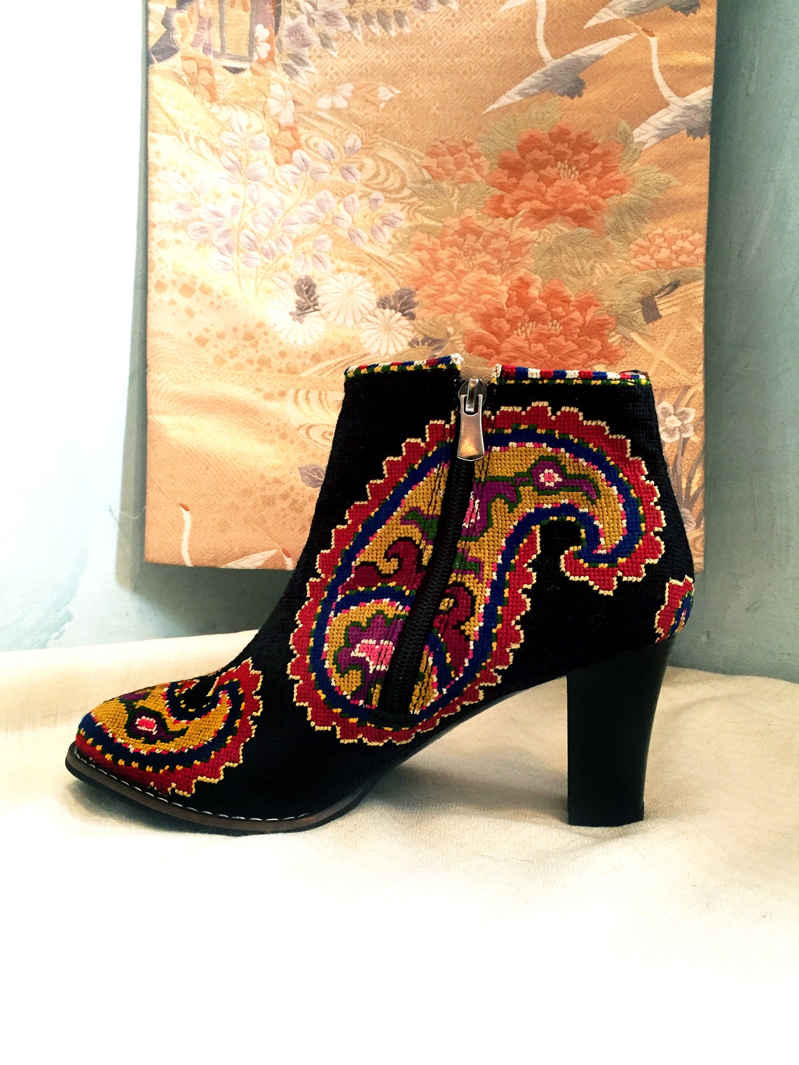 Chelsea Embroidered Short Ankle 3” Heel Booties- Size 38 (US 8) Silk ...