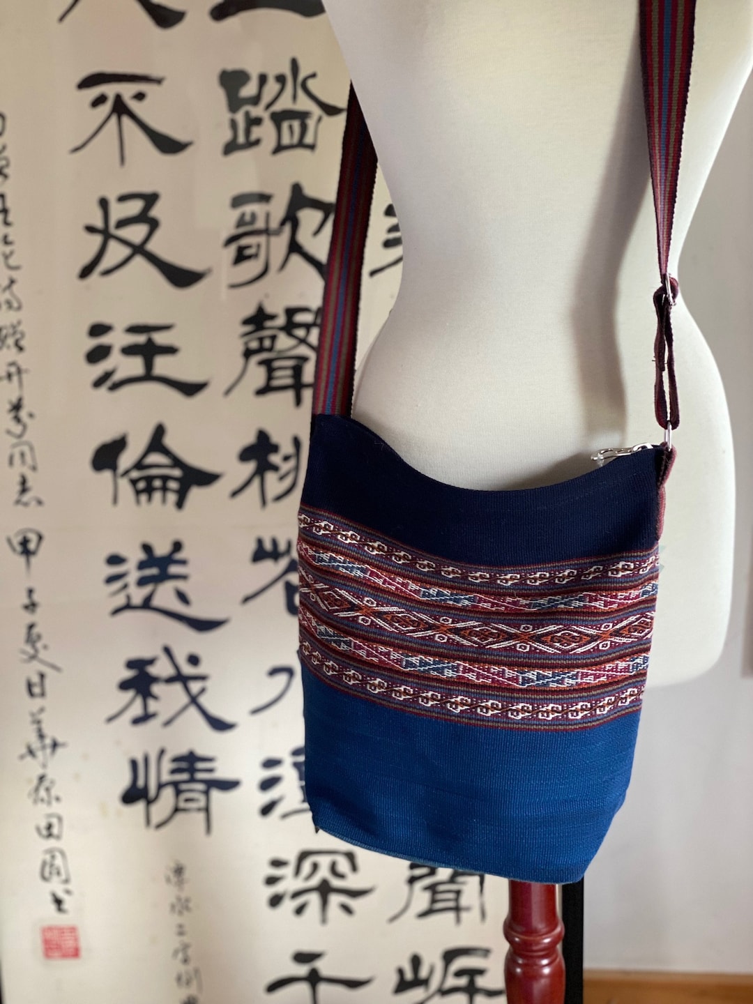 Indigo Peruvian Crossbody Handbag Stripe Handwoven Bucket Bag Vegetable ...
