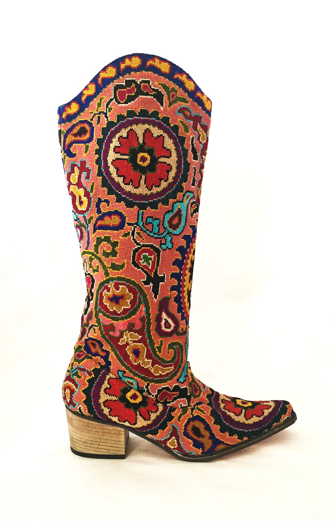 Cowgirl Embroidered Tall Boots- Size 39 (US 9) Silk Petit Point ...