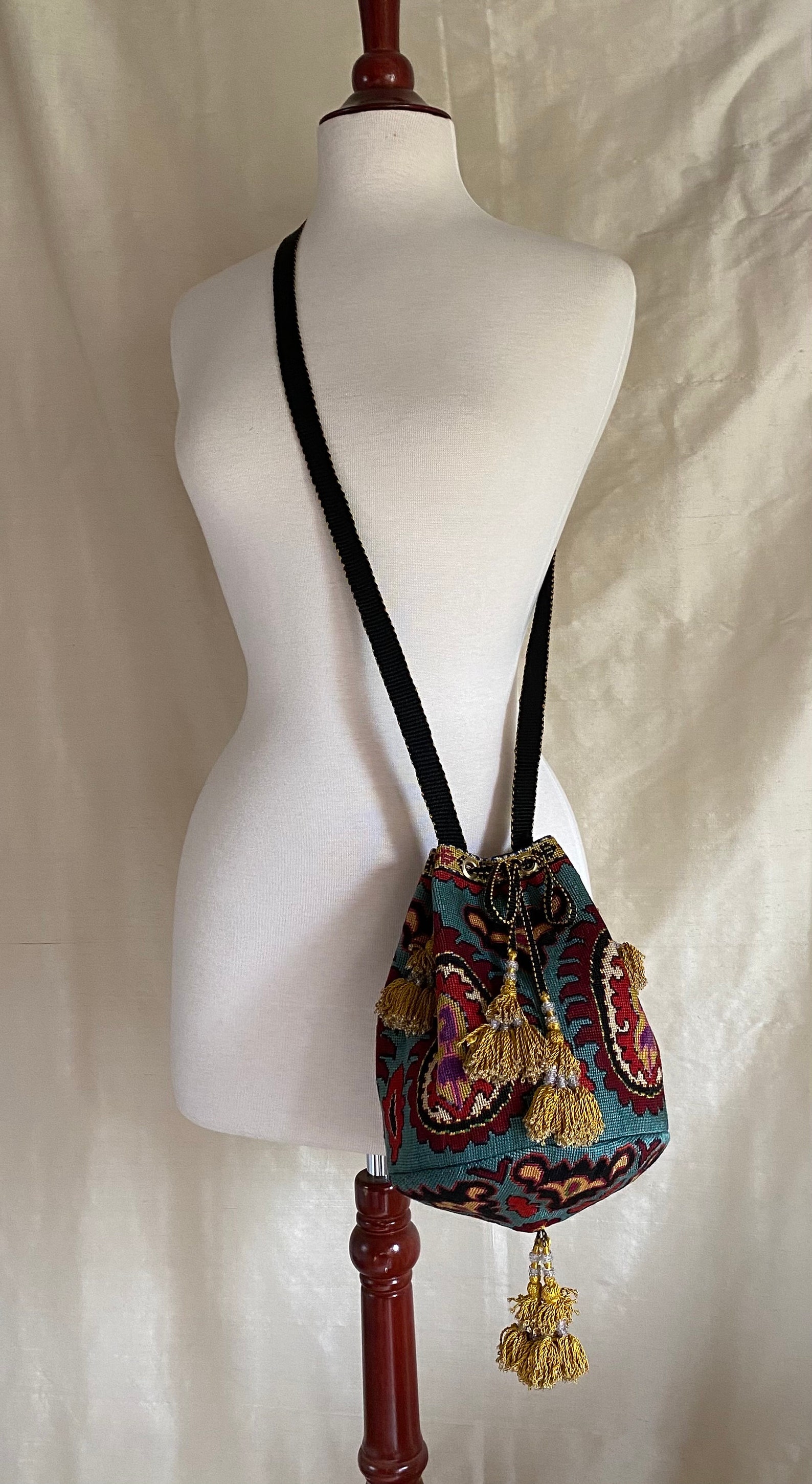 Jade/red Large Drawstring Bucket Bag Embroidered Handbag Silk Petit ...