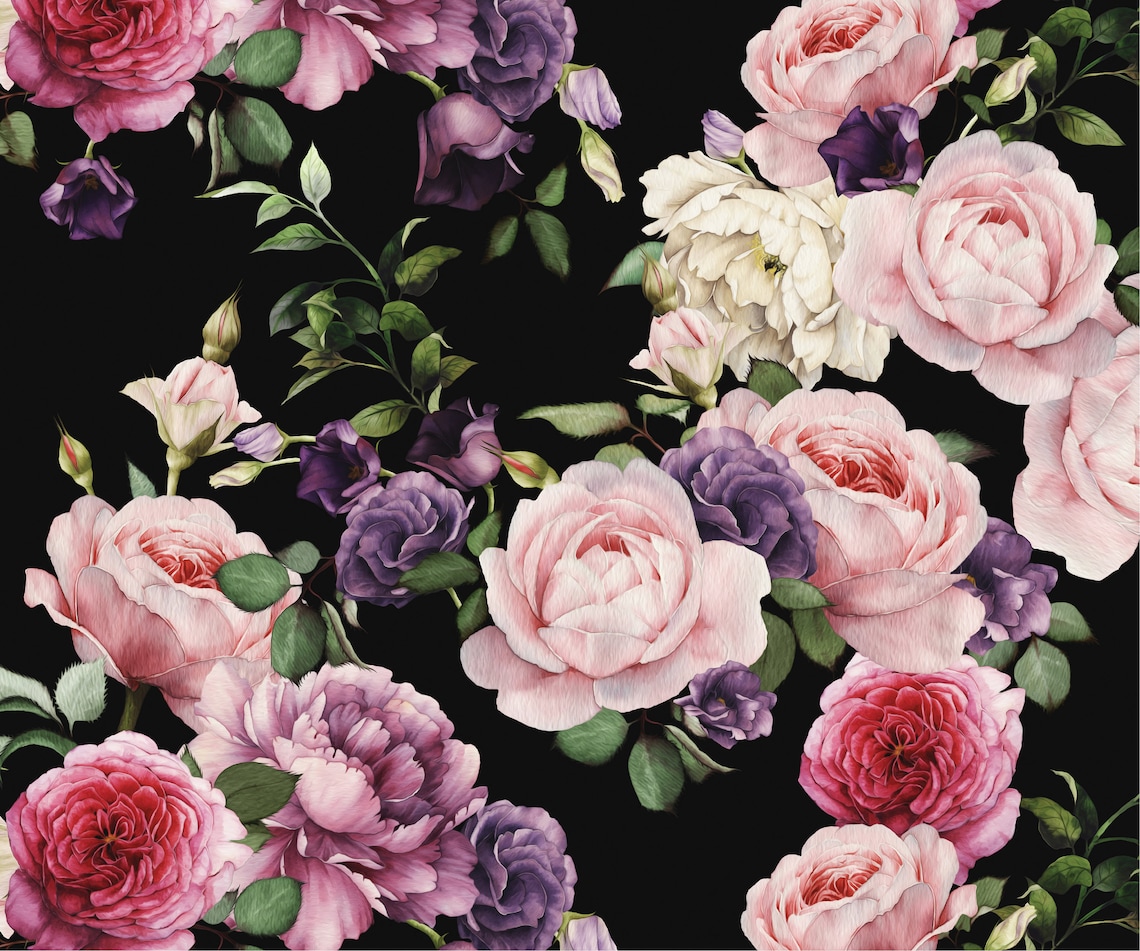 Black Floral Wallpaper - Etsy