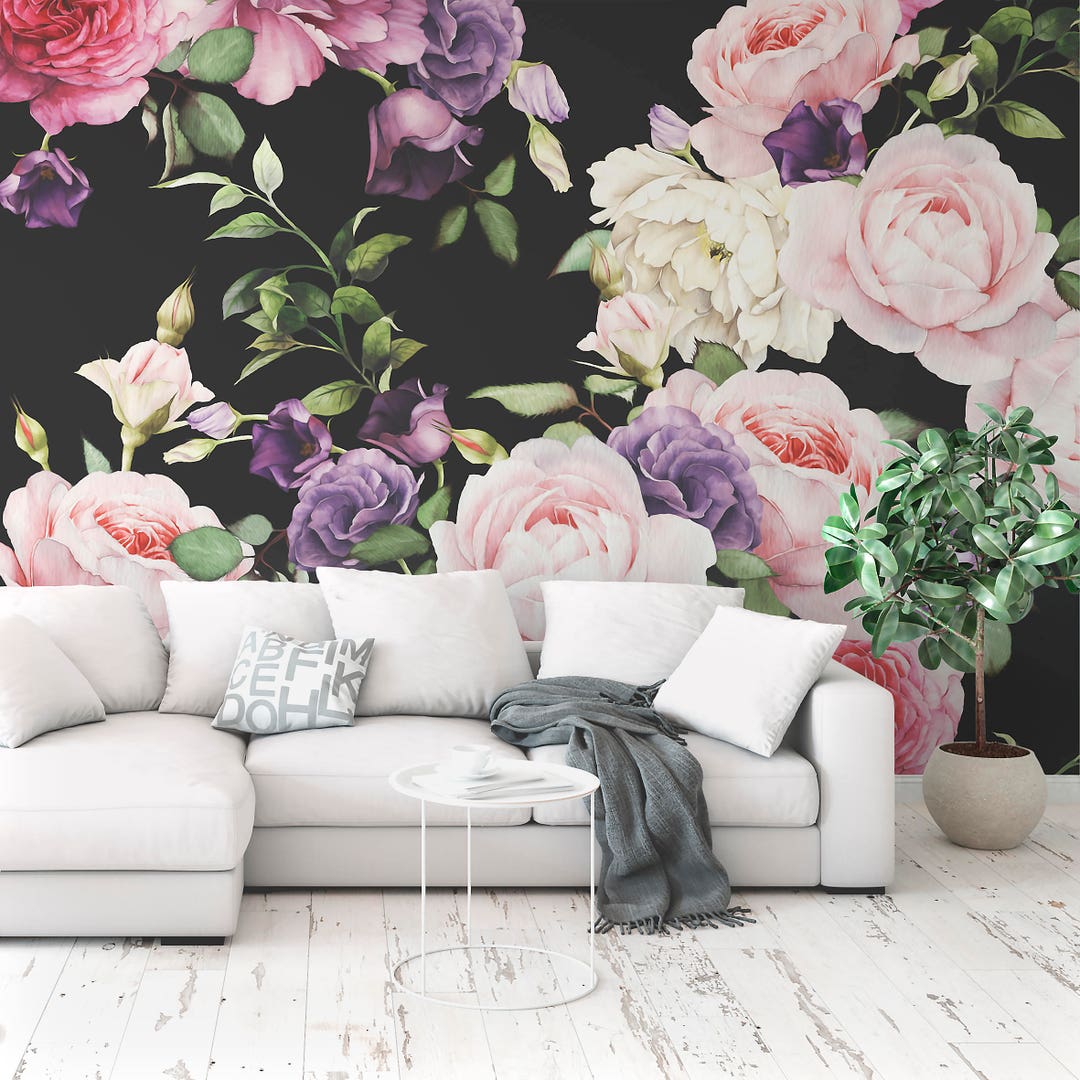Black Floral Wallpaper - Etsy