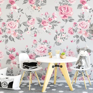 Vintage Grey and Pink Rose Floral Wallpaper - Etsy