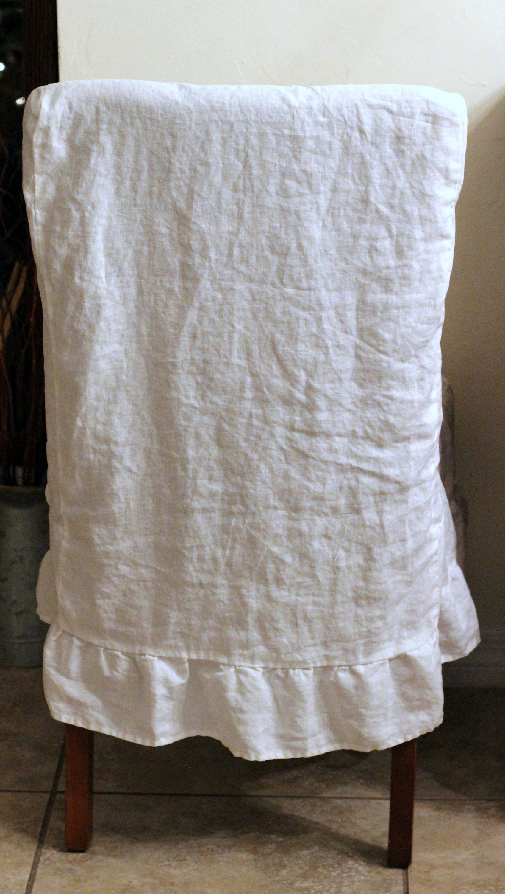 Large Ruffled Parson Chair Cover Slipcover 100% Linen White Natural ...