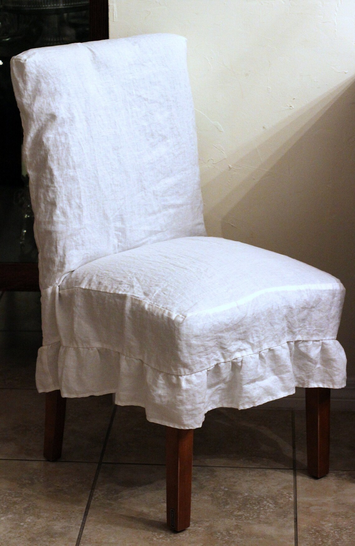 Large Ruffled Parson Chair Cover Slipcover 100% Linen White Natural ...