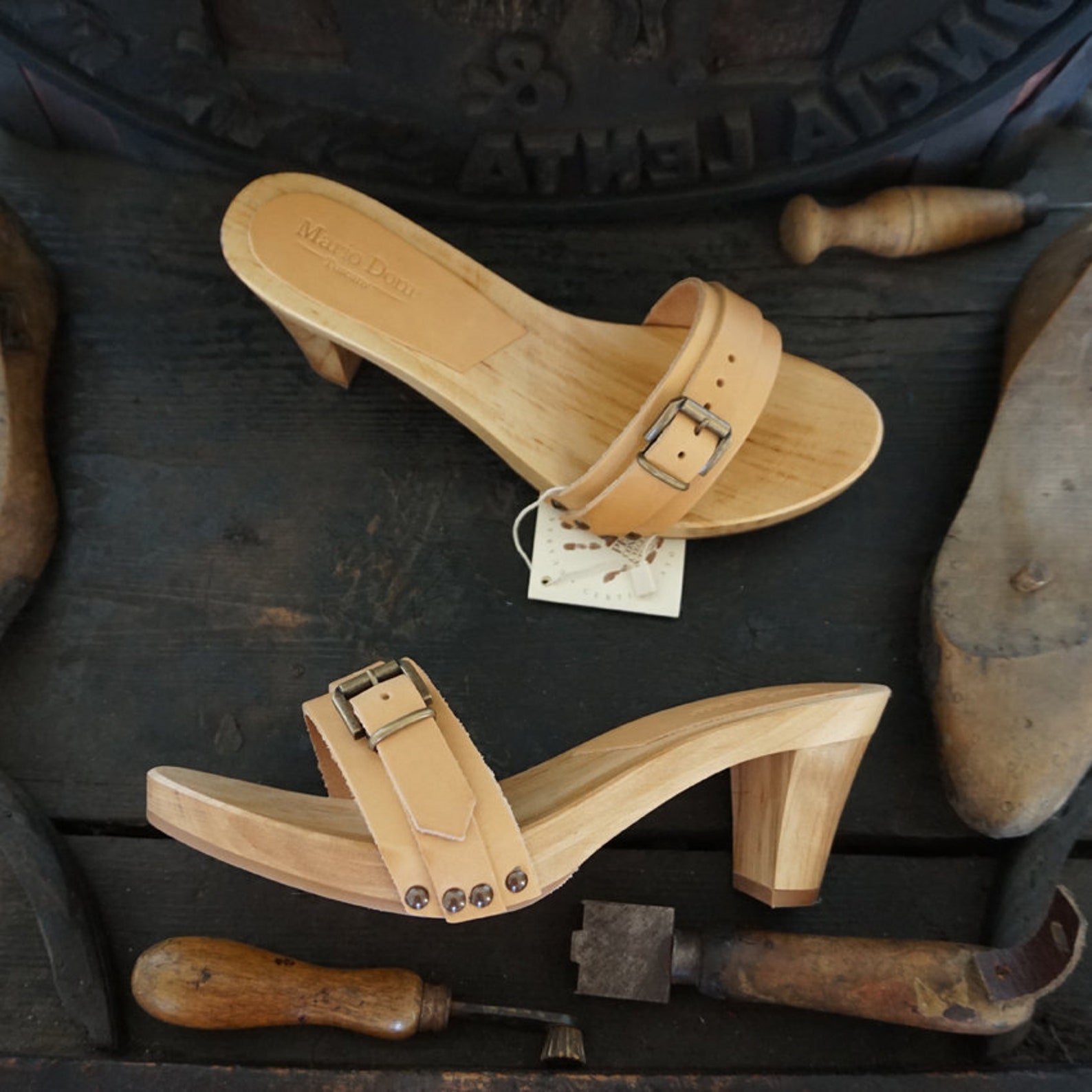 Handmade Wooden Clog in Vegetable Tanned Leather Made in | Etsy