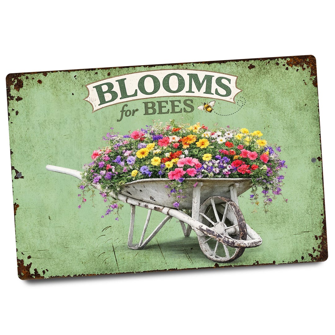 Blooms for Bees Garden Sign, Vintage Wheelbarrow Flower Art, Pollinator ...